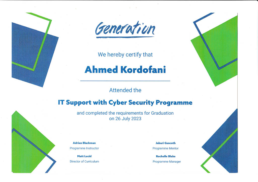 Tech Bootcamp 1: Generation UK (IT & Cybersecurity) | Ahmed Kordofani
